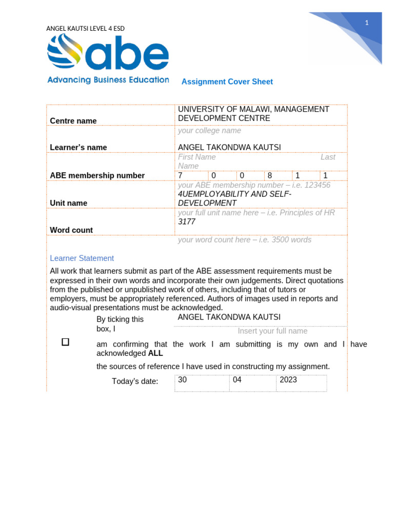 ABE Assignment Cover Sheet: ESD Level 4 | PDF | Linked In