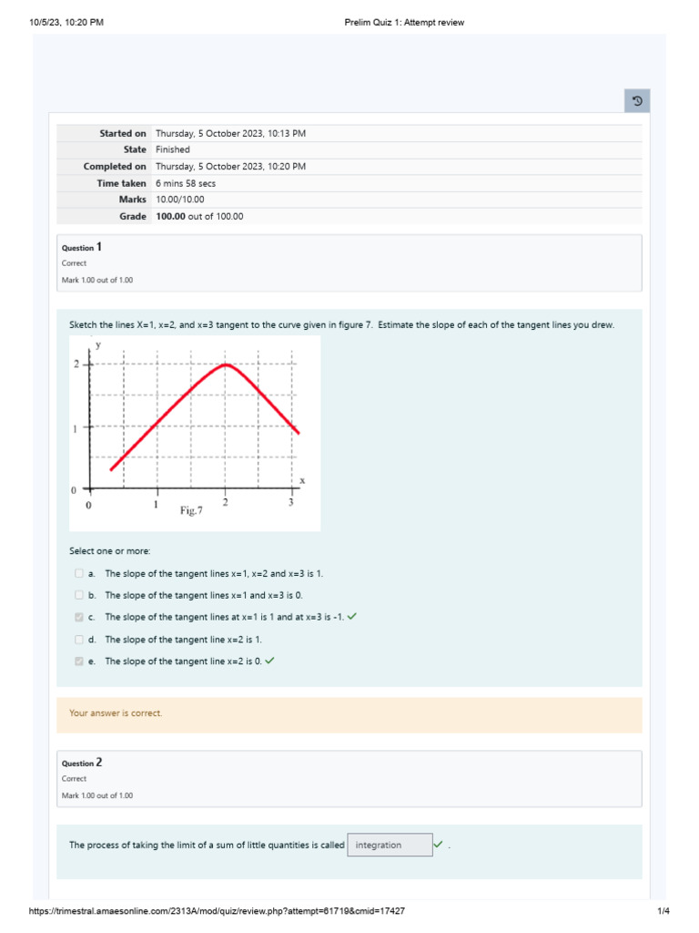 Prelim Quiz 1_ Attempt Review | PDF | Slope | Calculus