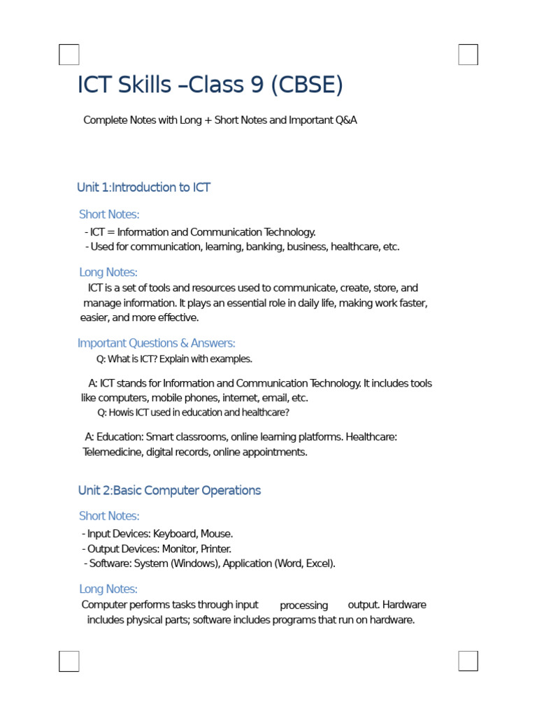 Class 9 ICT Skills Comprehensive Notes | PDF
