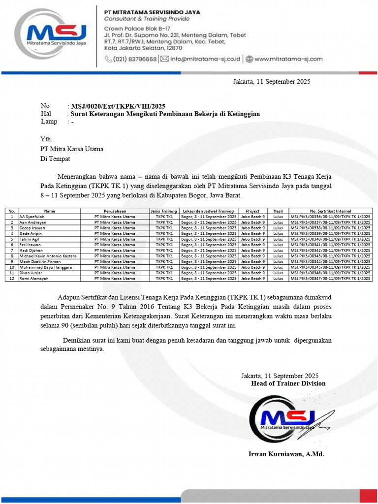 Contoh SK Training TKPK-1 JABO RO Batch 10 | PDF