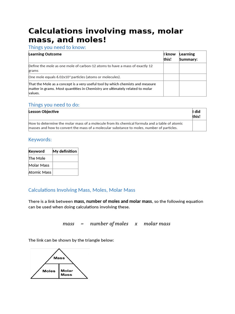 Calculations Involving Mass Molar Mass and Moles | PDF | Mole (Unit ...