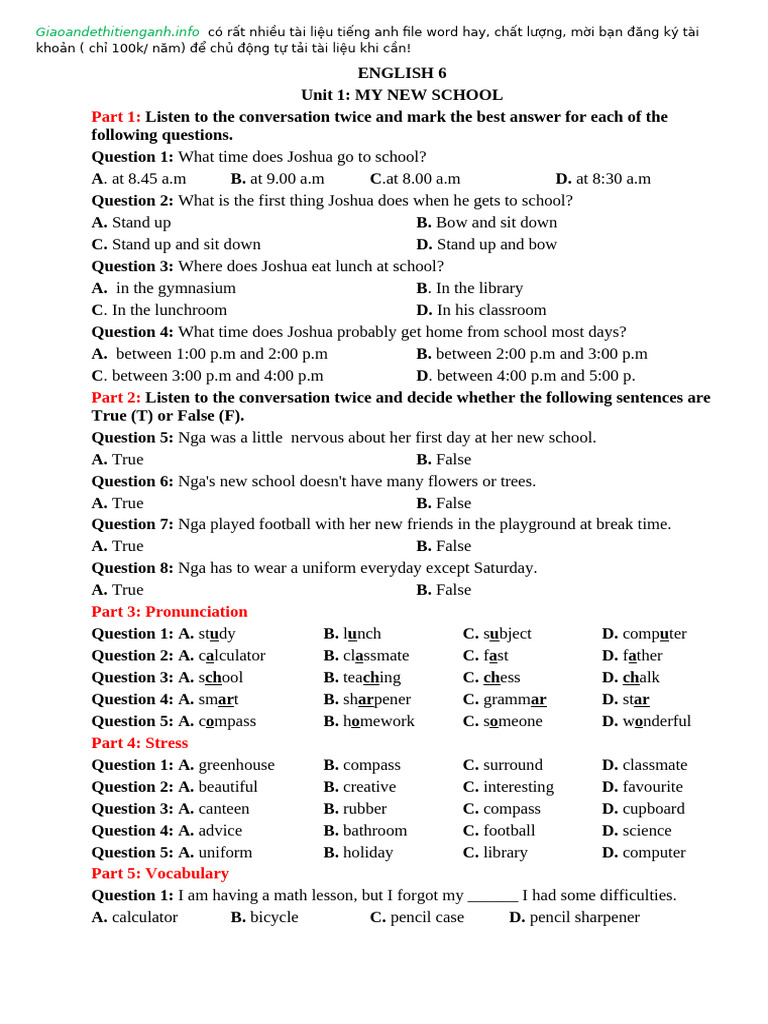 English 6: My New School Unit Guide | PDF | Human Communication
