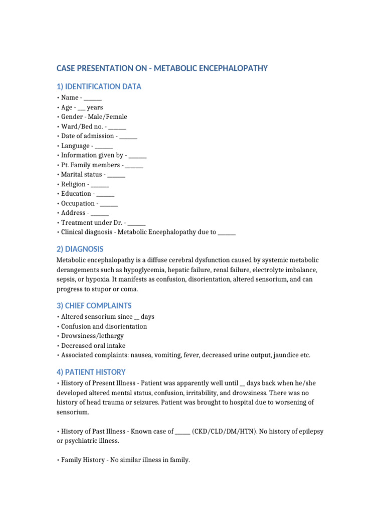 Nursing Case Presentation Metabolic Encephalopathy Formatted | PDF ...
