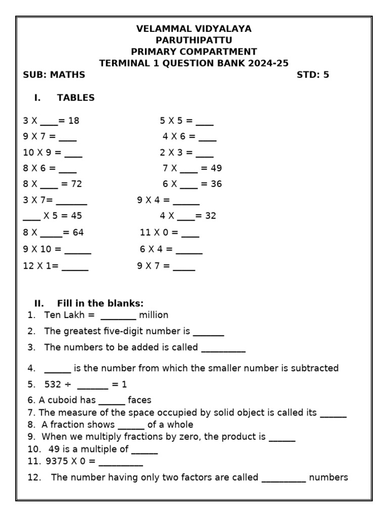 Class 5 Maths Question Bank 2024-25 | PDF | Numbers | Discrete Mathematics