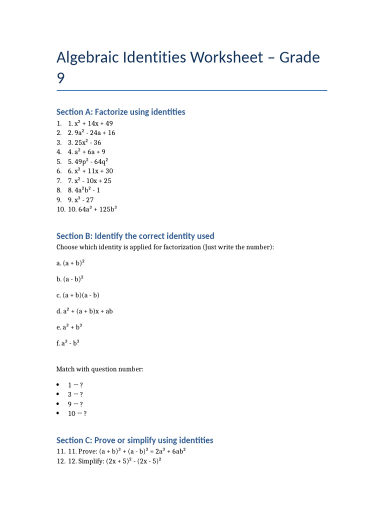 Algebraic Identities Worksheet Grade9 | PDF
