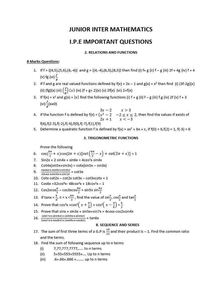 Junior Inter Mathematics Important Questions | PDF | Arithmetic ...