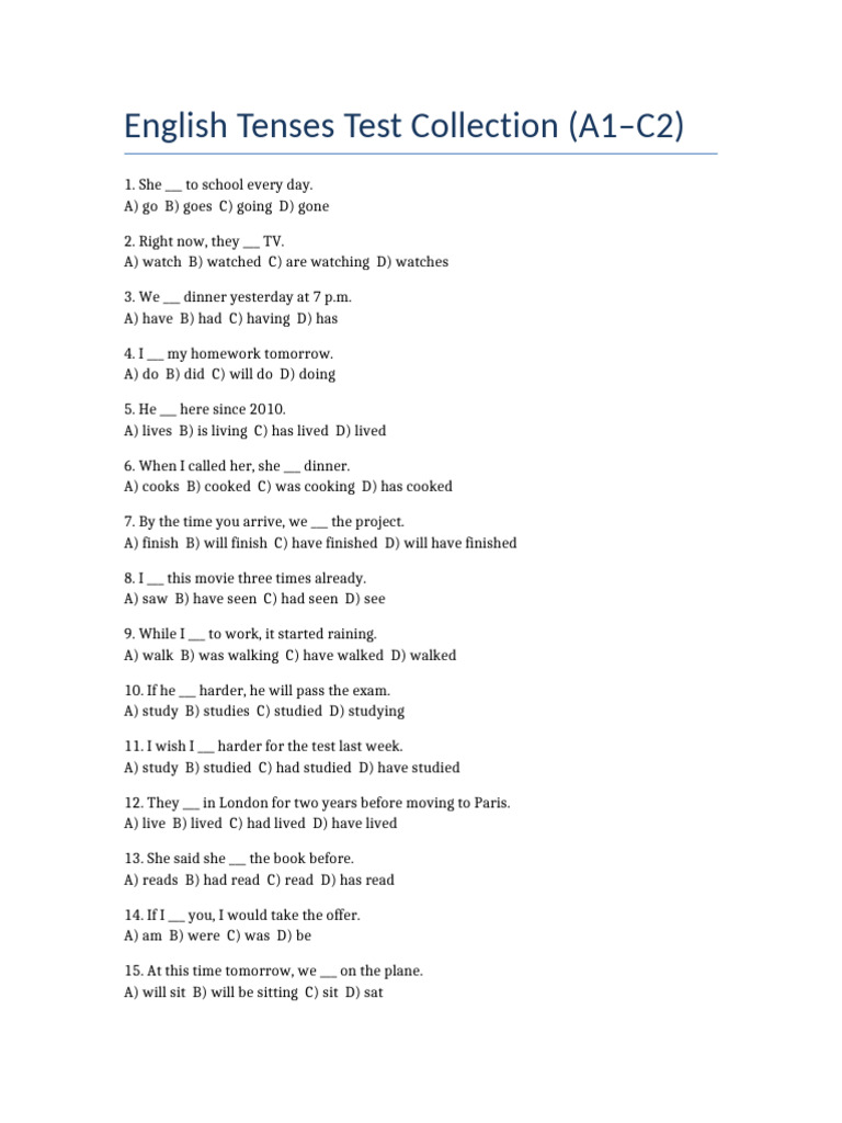 English Tenses Tests A1-C2 | PDF | Chess | Chess Theory