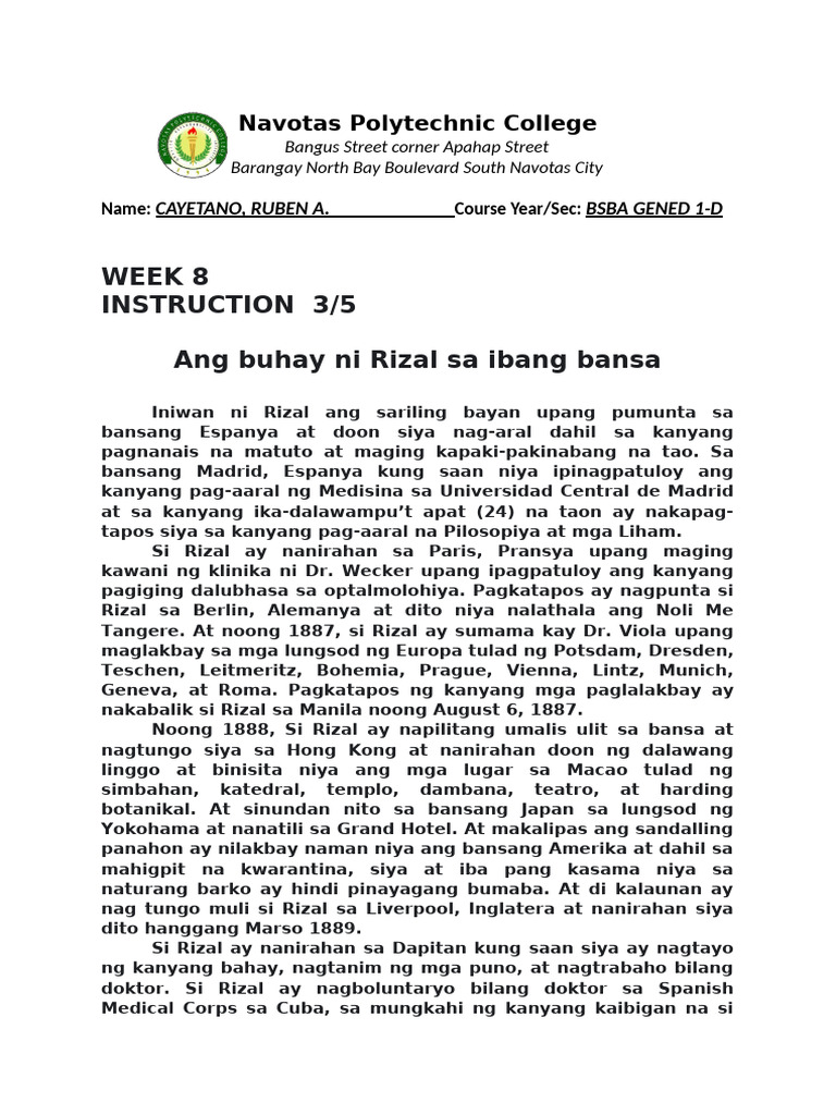 Rizal WEEK 8 Activities | PDF