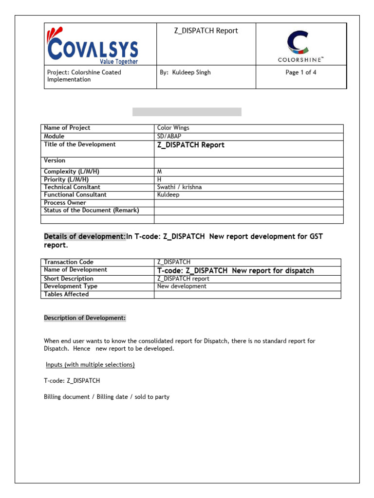 Z DISPATCH FS Version 1.1 Covalsys | PDF | Software Development ...