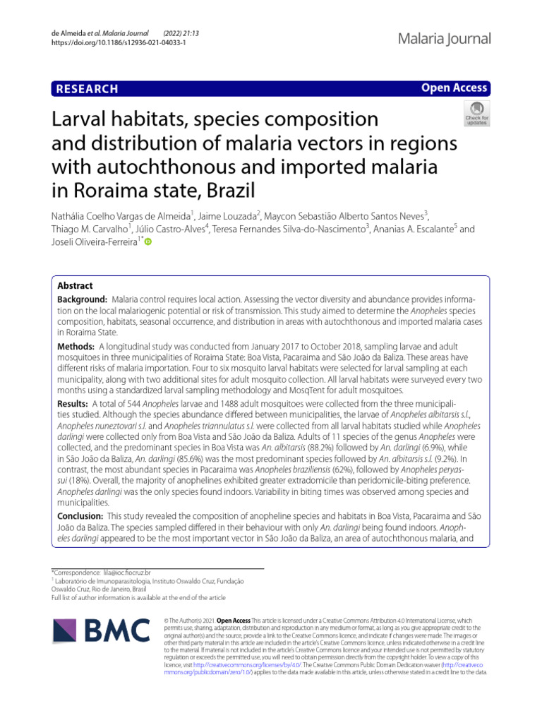 Larval Habitats, Species Composition and Distribution of Malaria Vectors in Regions With ...