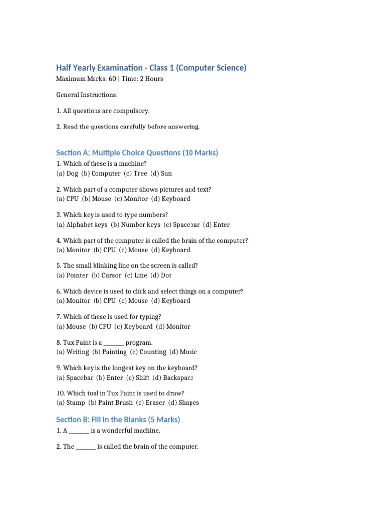 Class1 Half Yearly Computer | PDF | Computer Keyboard | Cursor (User ...