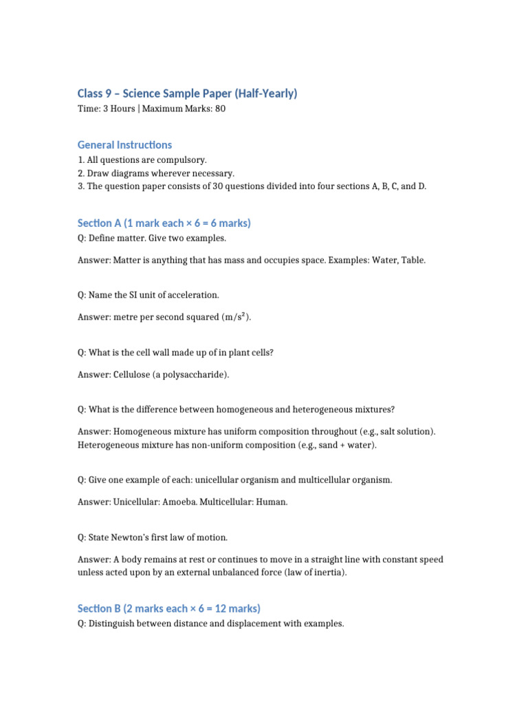 Class9 Science SamplePaper AnswerKey | PDF | Force | Acceleration