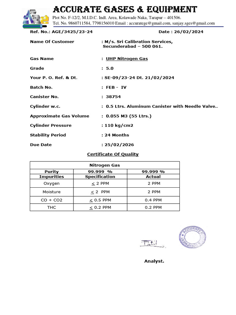 UHP Nitrogen Gas Certificate of Quality | PDF