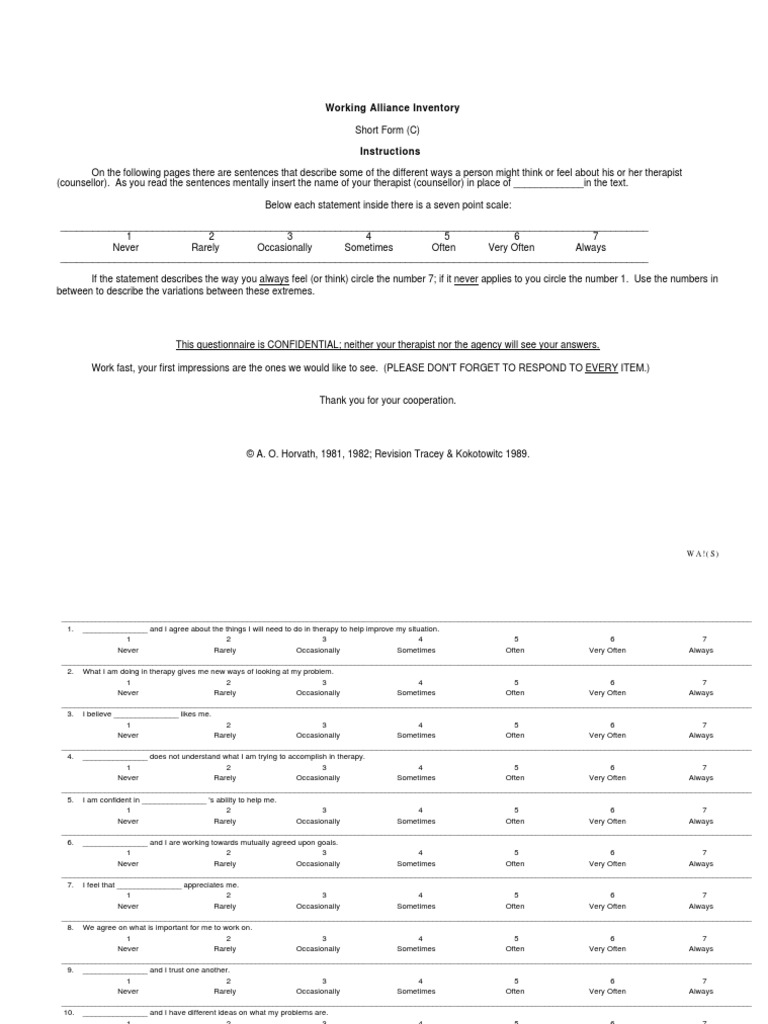 12 Itemi Working Alliance Inventory Client Form | PDF | Mental Health ...