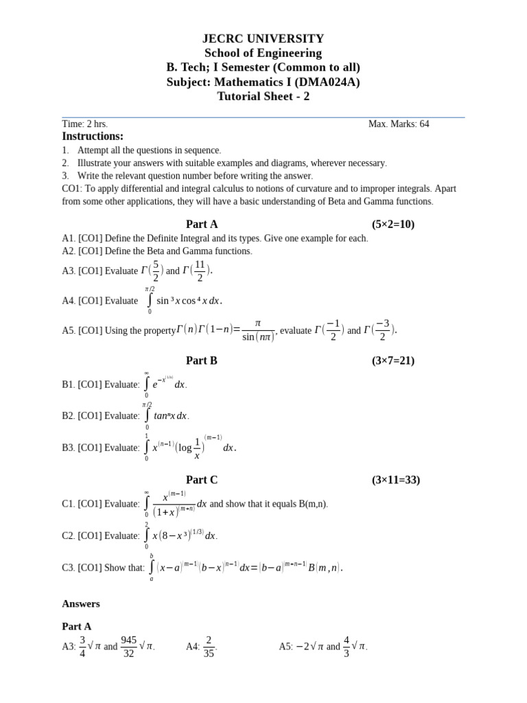 Tutorial Sheet 2 (M-I) 2025 | PDF | Integral | Mathematical Objects