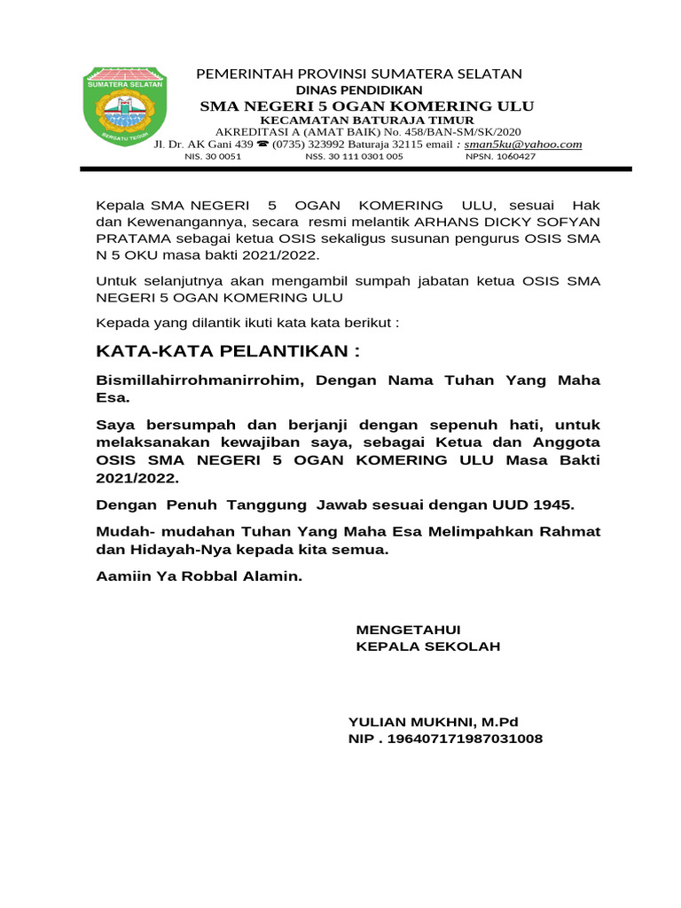 Pelantikan Ketua OSIS SMA N 5 OKU | PDF