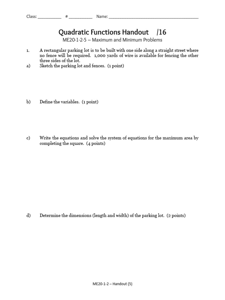 Quadratic Functions: Max Area & Revenue | PDF