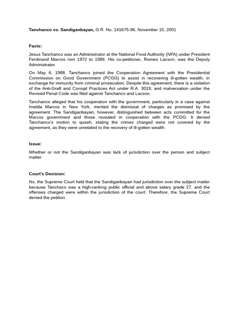 Tanchanco vs. Sandiganbayan Case Summary | PDF