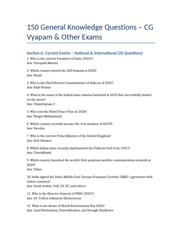 150 General Knowledge Questions 2025 | PDF