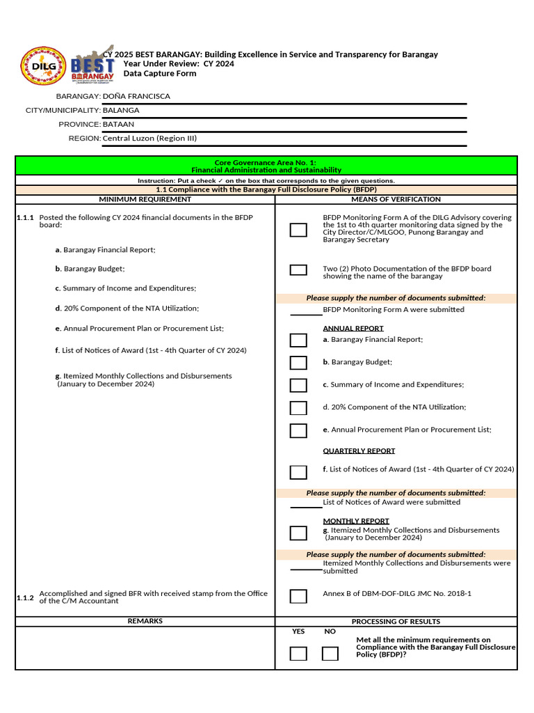 CY 2025 Best Barangay Evaluation Form | PDF | Emergency Management | Banks