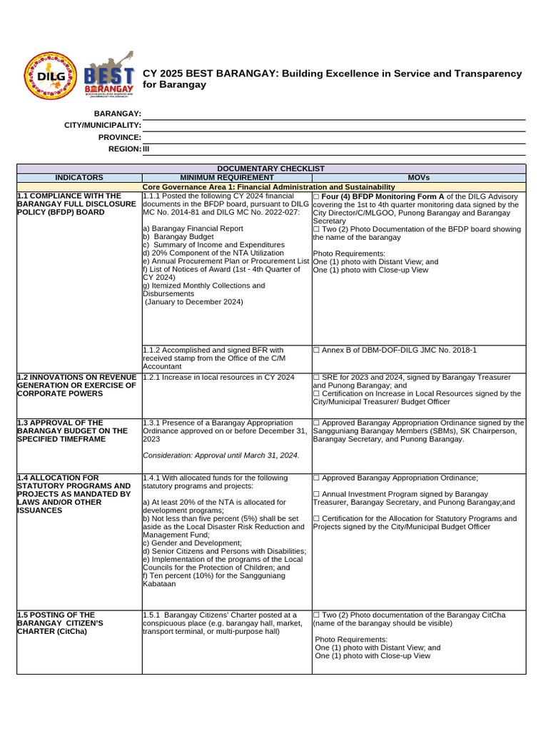 2025 BEST BARANGAY Compliance Checklist | PDF | Banks | Hazards