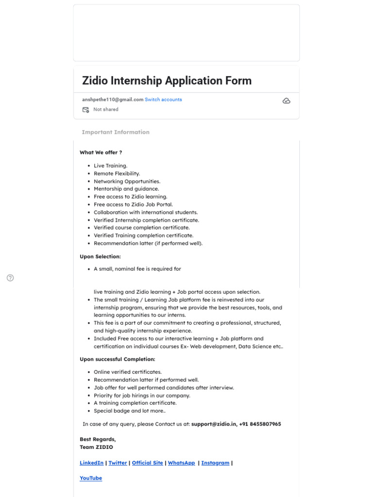 Zidio Internship Application Form | PDF