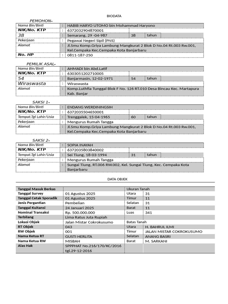 Biodata dan Pernyataan Tanah Habib Haryo | PDF