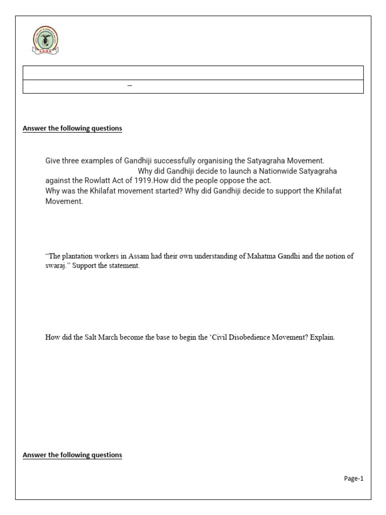 Class 10 - Nationalism in India Worksheet | PDF | Mahatma Gandhi | Dalit