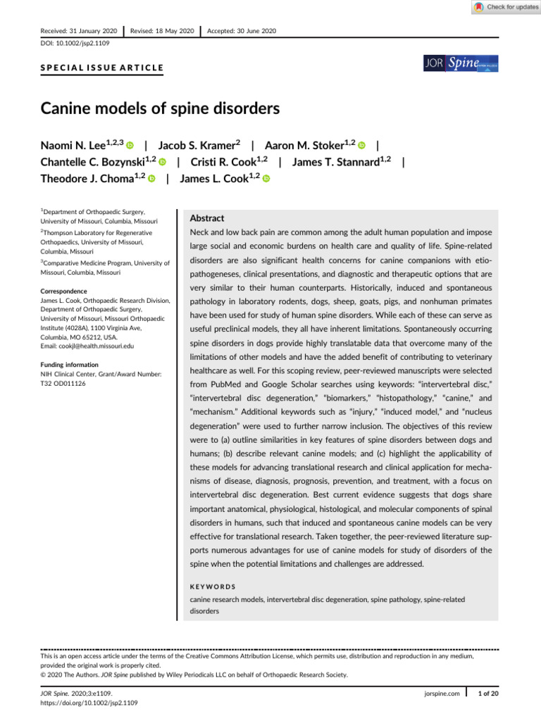 JOR Spine - 2020 - Lee - Canine Models of Spine Disorders | PDF ...
