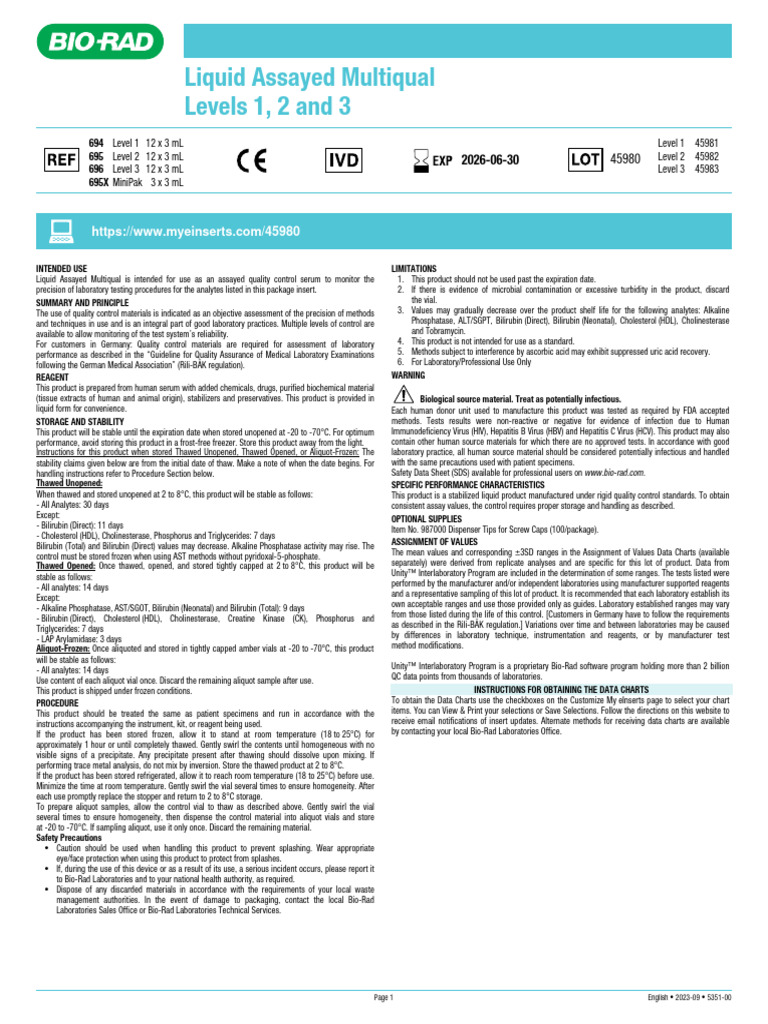 Liquid Assayed Multiqual Levels 1, 2 and 3 | PDF | Cholesterol | Lactic ...