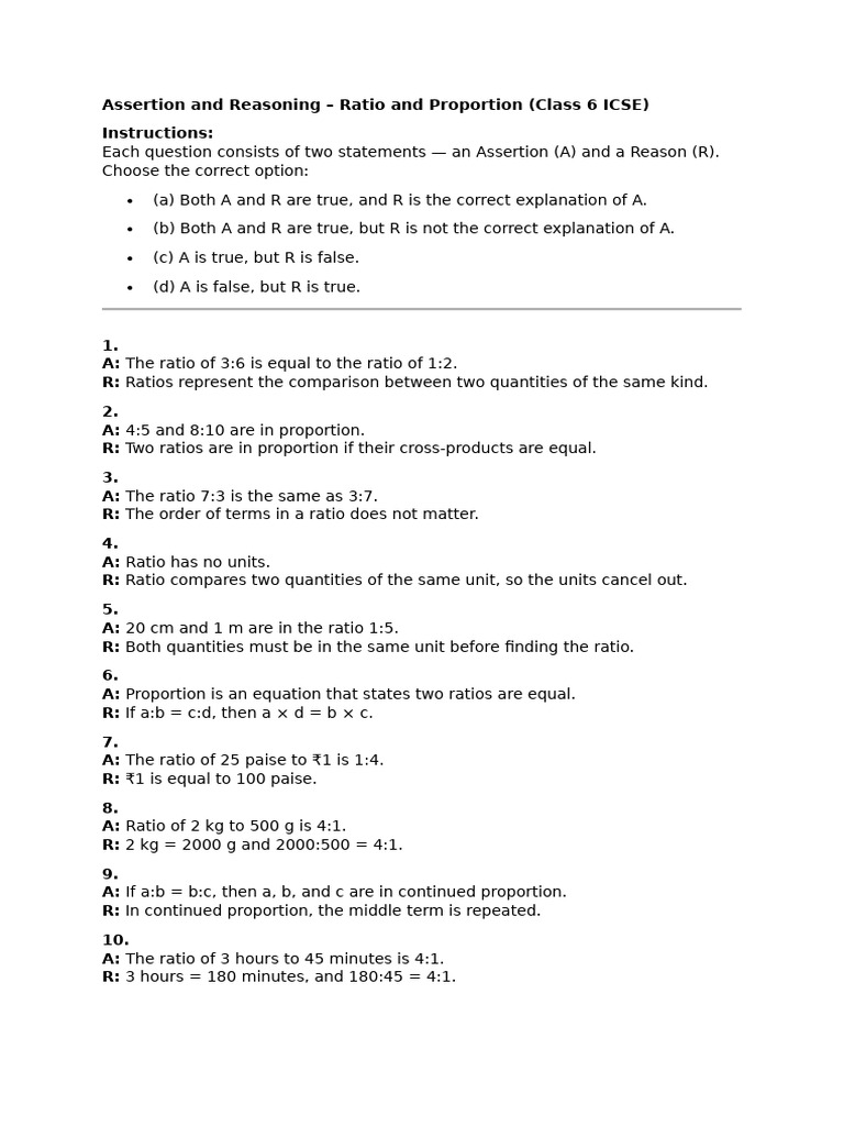 Assertion and Reasoning Ratio and Proportion | PDF