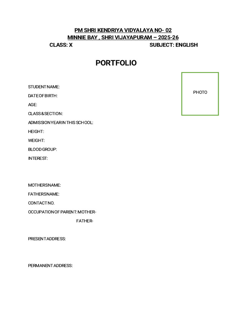 Class X English Portfolio Template | PDF