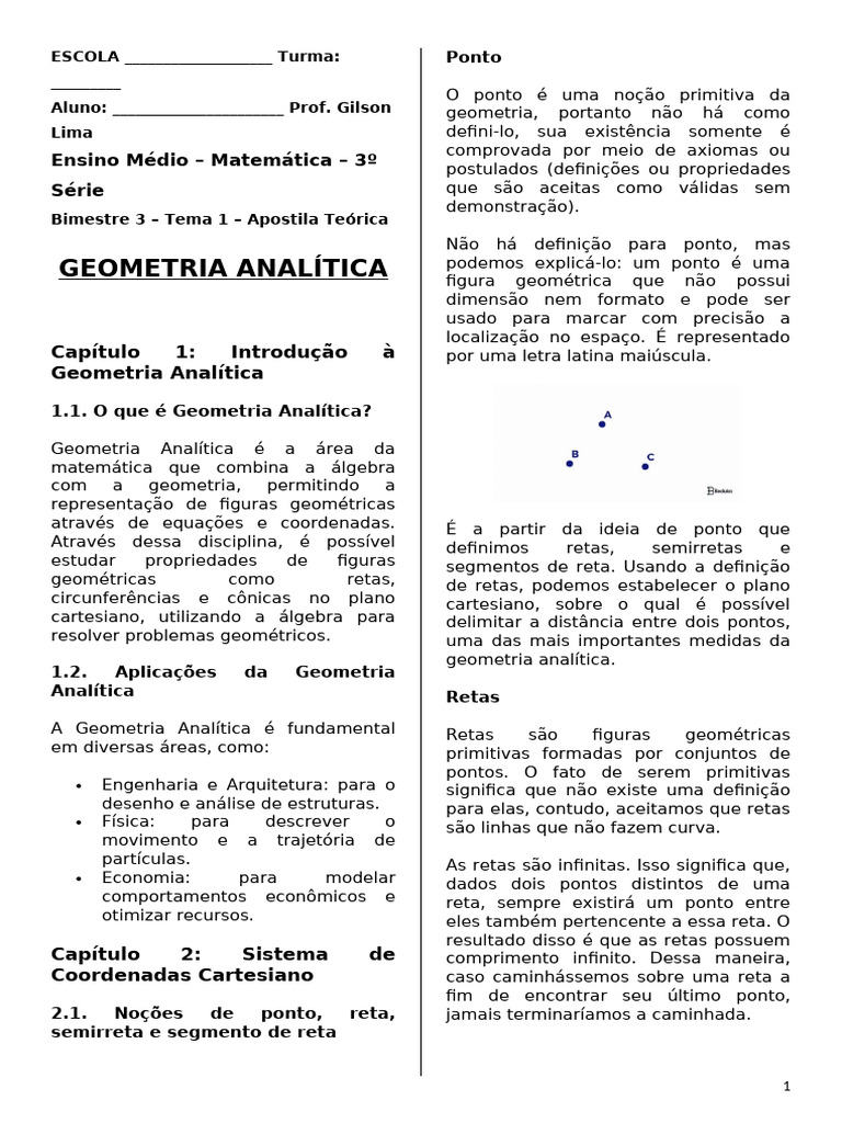Mat - EM3 - Bim 3 - Tema 1 - Geometra Analítica | PDF | Geometria | Linha (Geometria)