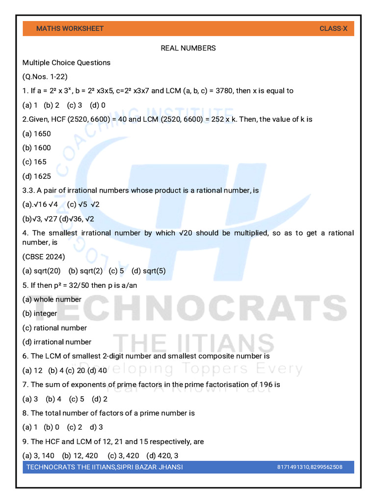 Real Numbers Worksheet for Class X | PDF | Quadratic Equation | Equations