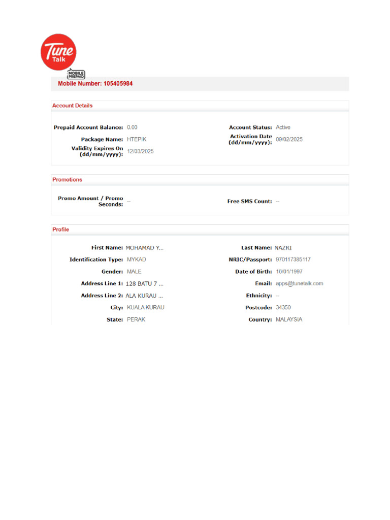 Tunetalk Receipt Feb 2025 | PDF