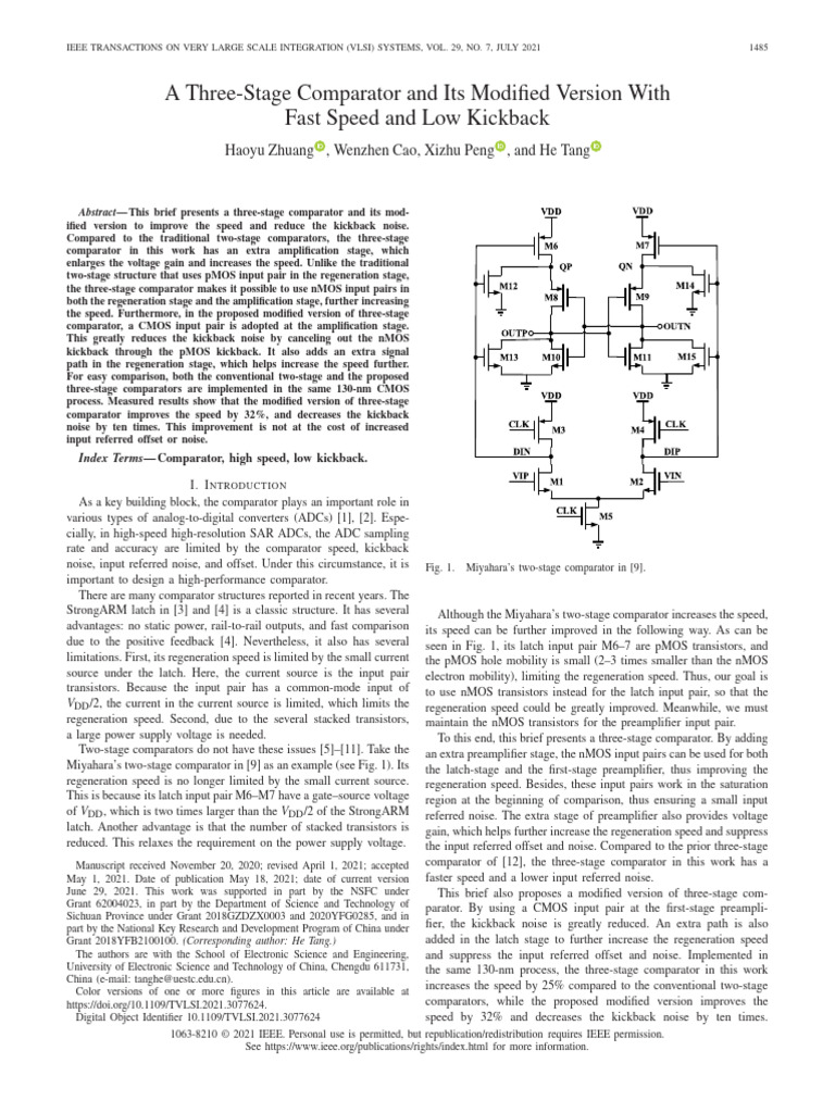 A Three-Stage Comparator and Its Modified Version With Fast Speed and Low Kickback | PDF ...