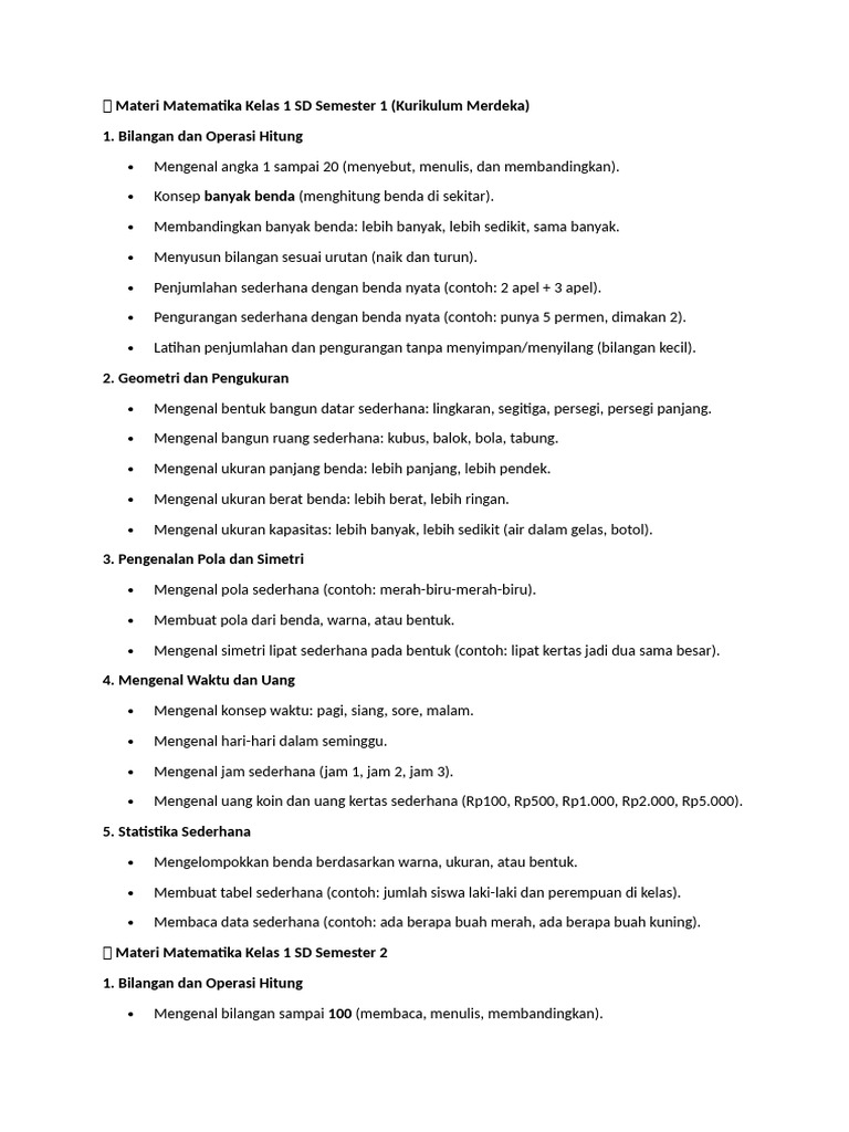 ? Materi Matematika Kelas 1 SD Semester 1 (1) | PDF