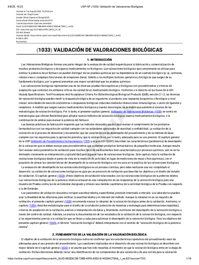 USP-NF 1033 Validación de Valoraciones Biológicas | PDF | Estadísticas ...