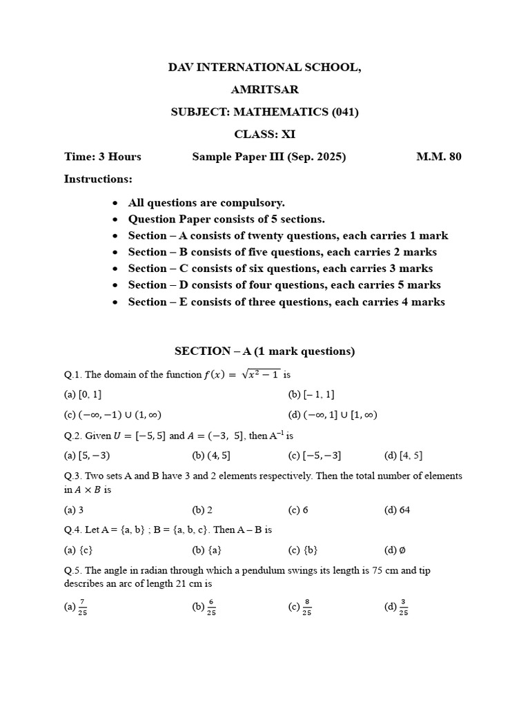 Sample Paper III Mathematics (041) XI | PDF | Mathematics | Number Theory