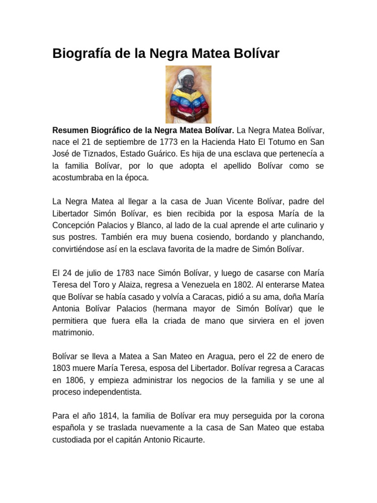 Biografía de la Negra Matea Bolívar | PDF