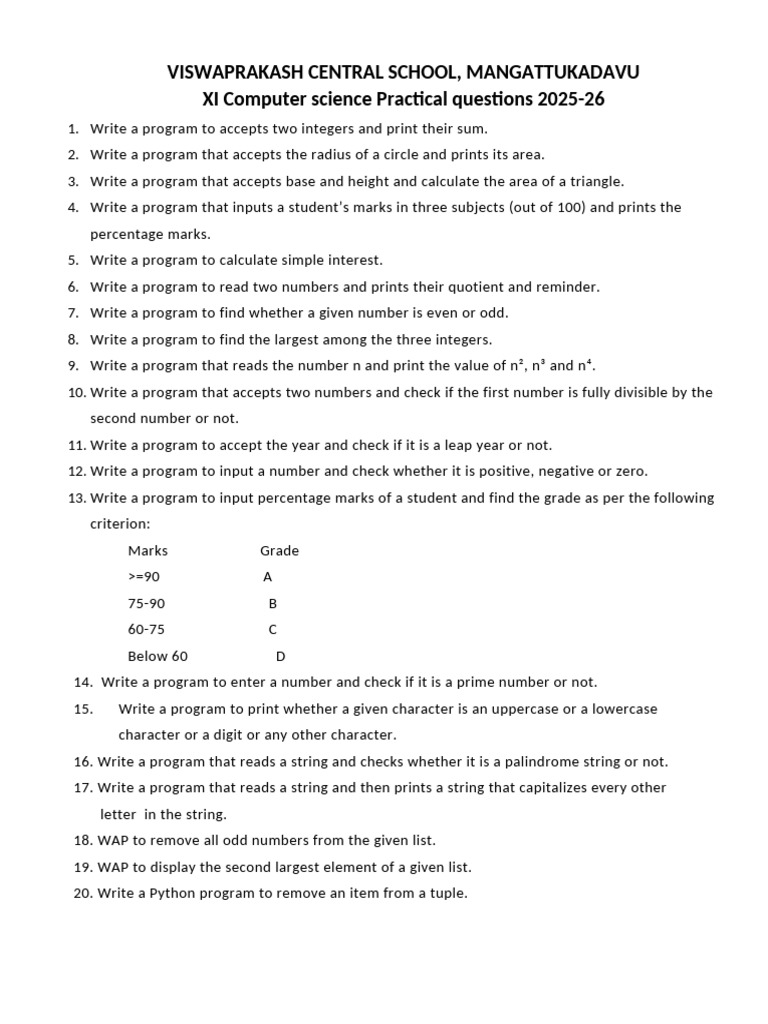 XI Computer Science Practical Tasks | PDF