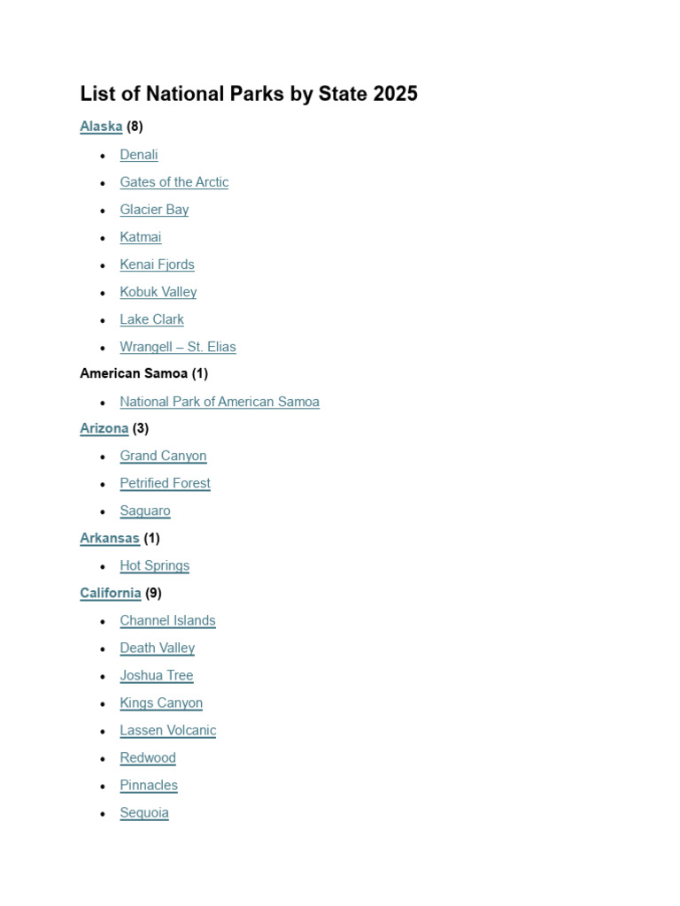 National Parks by State List 2025 | PDF