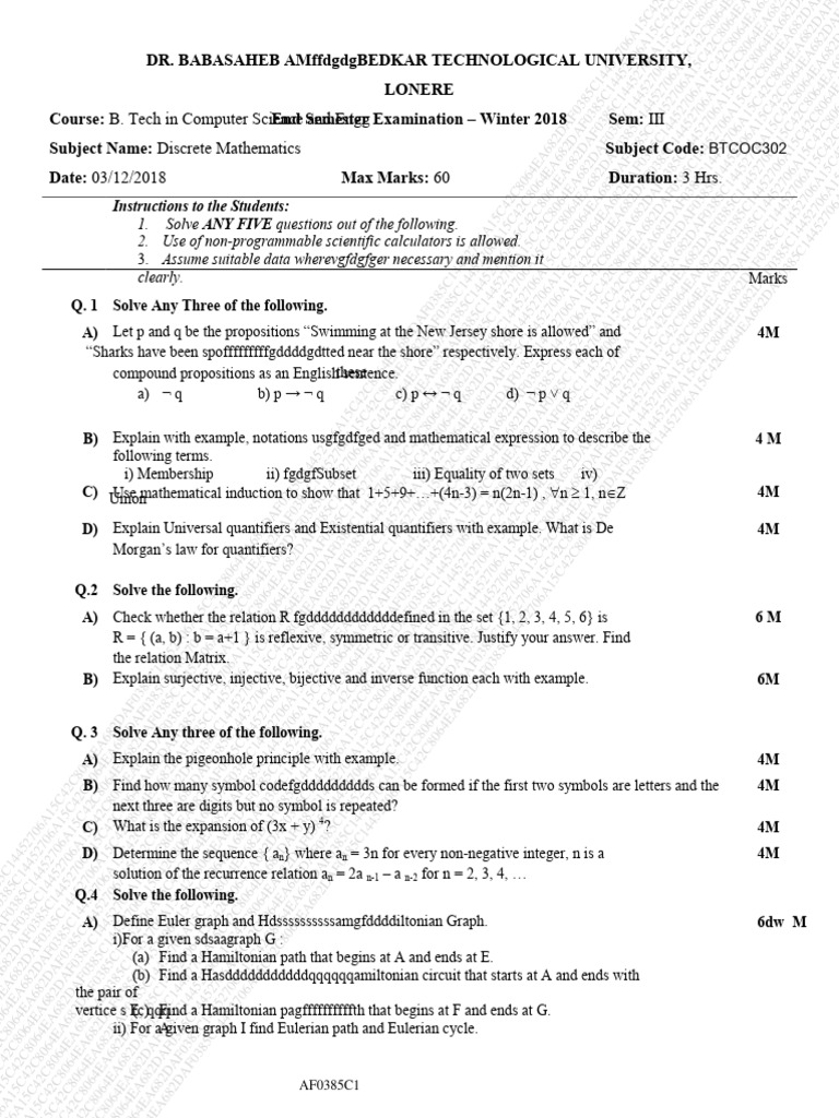 Btech Cs 3 Sem Discrete Mathematics Btcoc302 Dec 2016565 | PDF ...