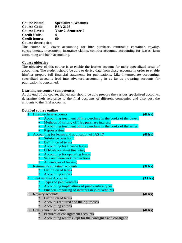 SPECIALISED ACCOUNTS COURSE OUTLINE FOR BSA II | PDF | Accounting ...