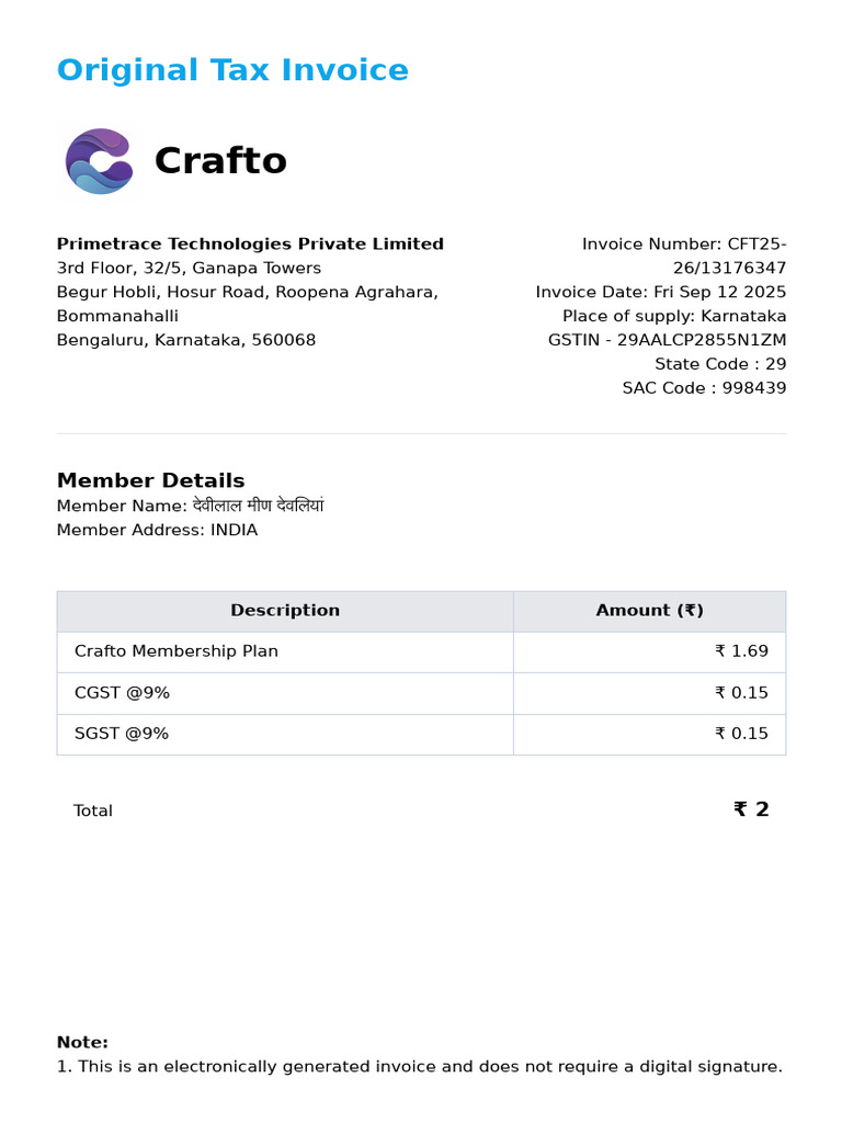 Crafto: Original Tax Invoice | PDF