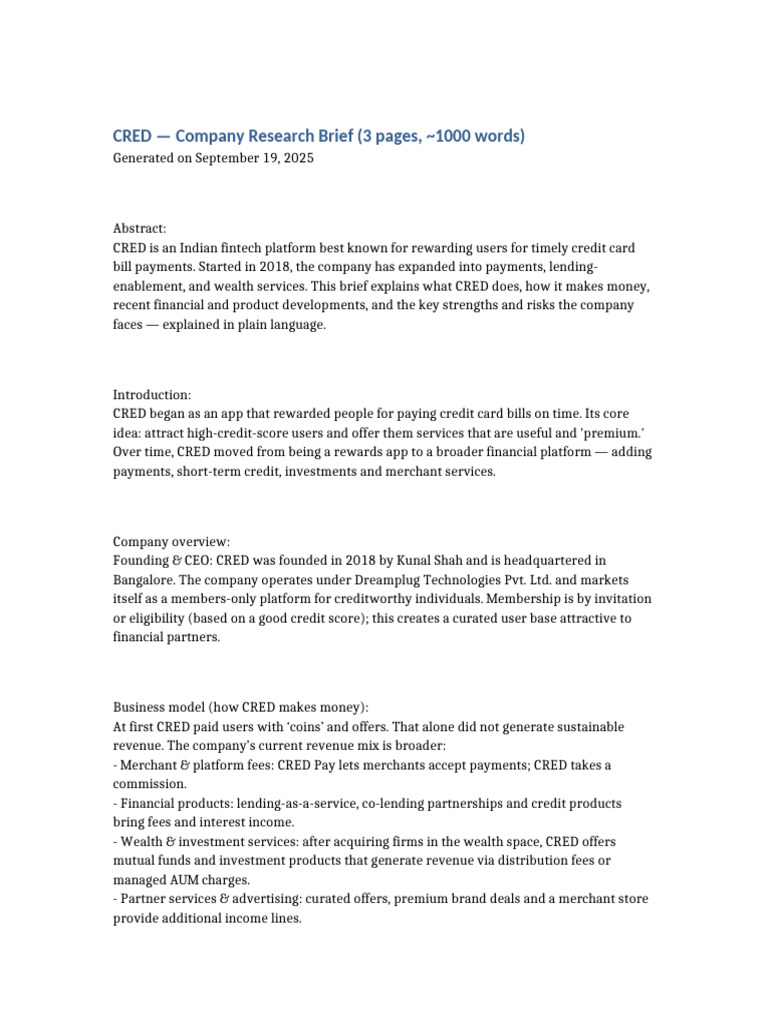 CRED 3 Page Research | PDF | Credit Card | Financial Technology