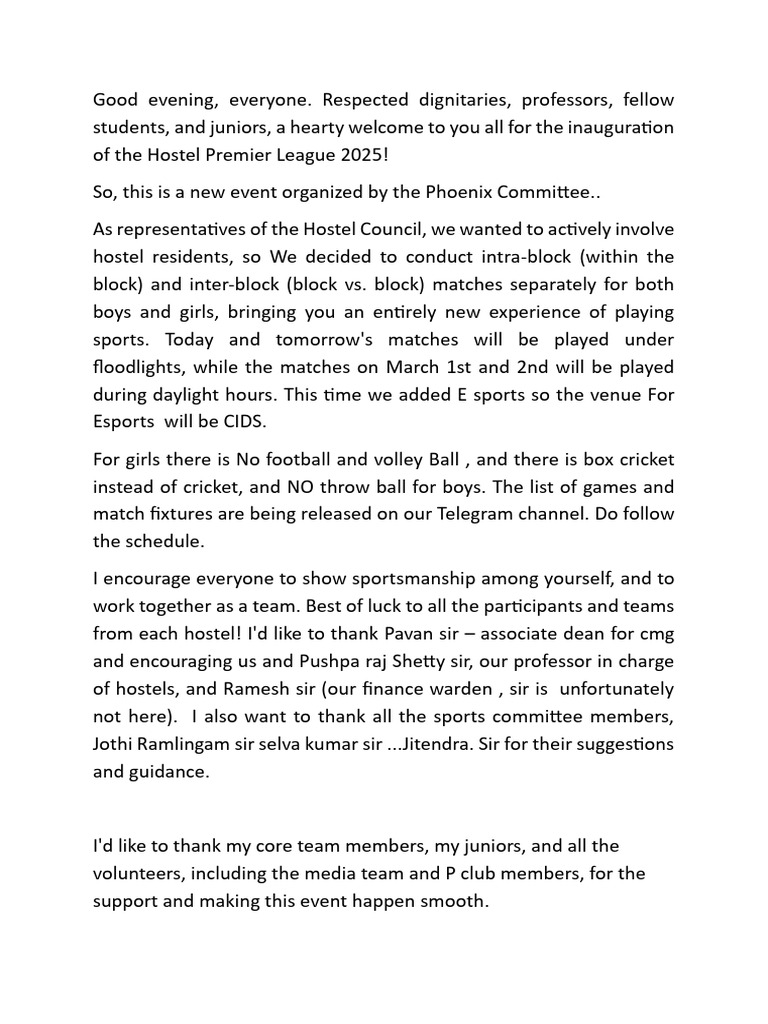Hostel Premier League 2025 Inauguration | PDF
