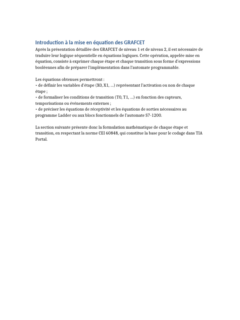 Mise en équation des GRAFCET en automatisme | PDF