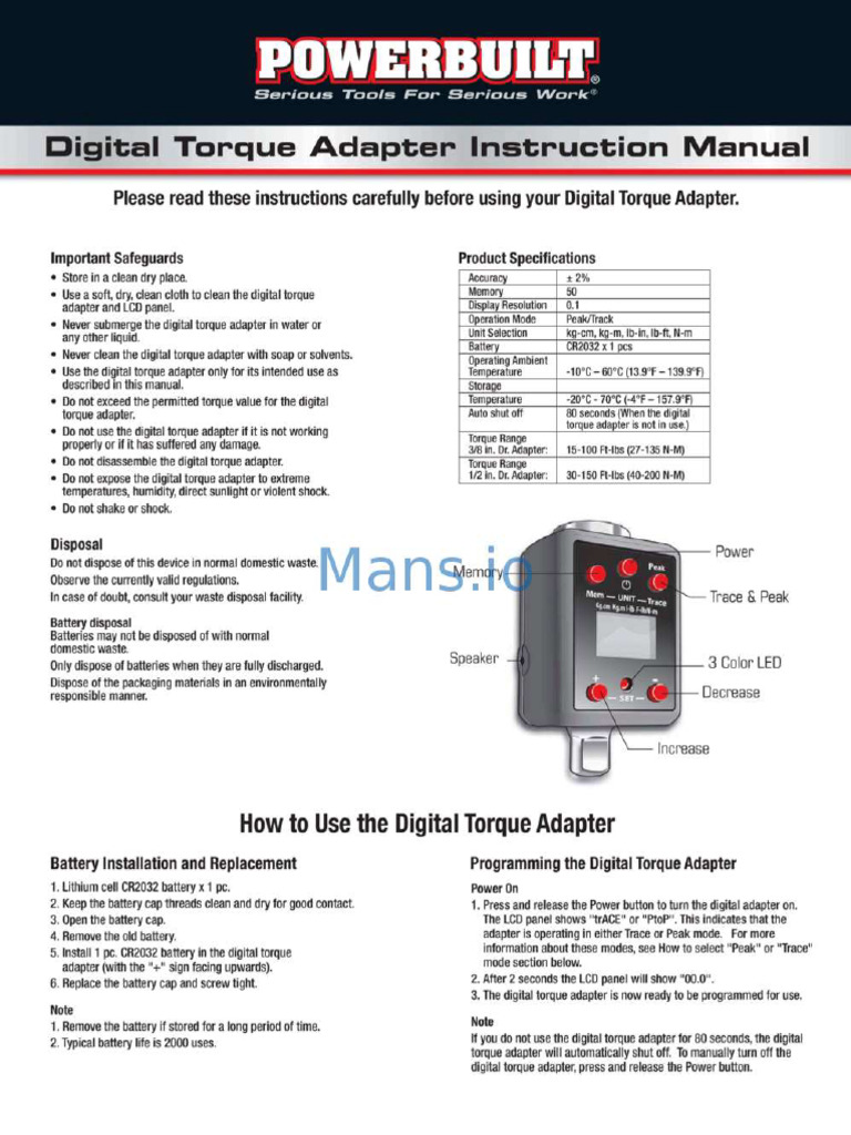 Instruction Manual - Powerbuilt 940962m Digital Torque Adapter Page 1-2 | PDF