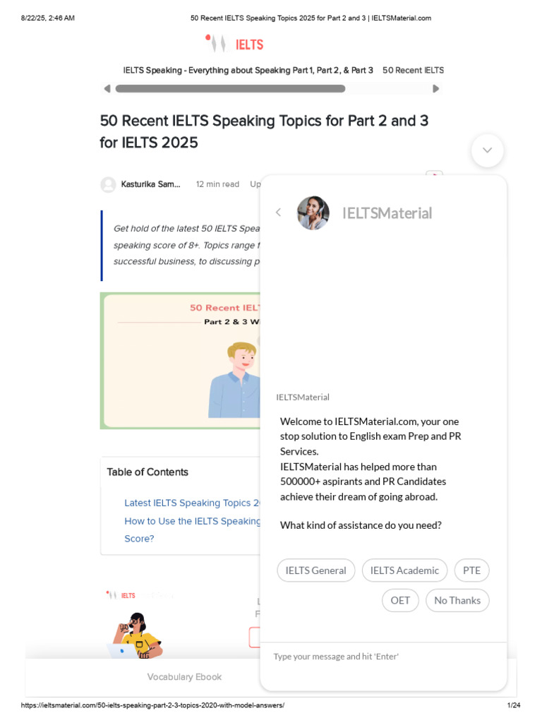 50 Recent IELTS Speaking Topics 2025 For Part 2 and 3 | PDF ...